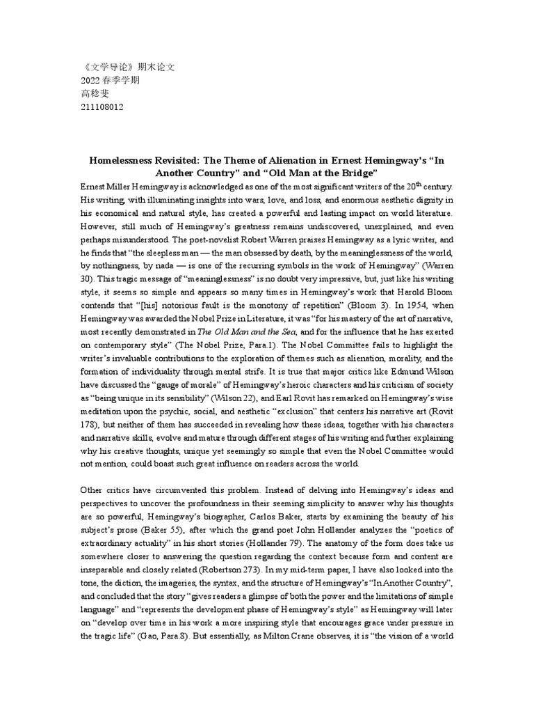 Homelessness Revisited: The Theme of Alienation in Ernest Hemingway's ...