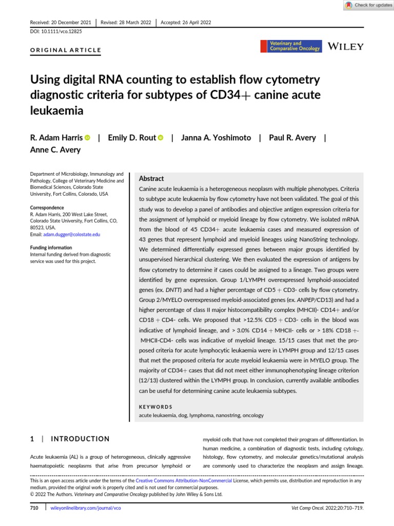 Vet Comparative Oncology - 2022 - Harris - Using Digital RNA Counting To Establish Flow ...