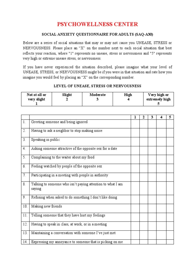 Social Anxiety Questionnaire For Adults (Saq-A30) | PDF | Anxiety | Social Anxiety