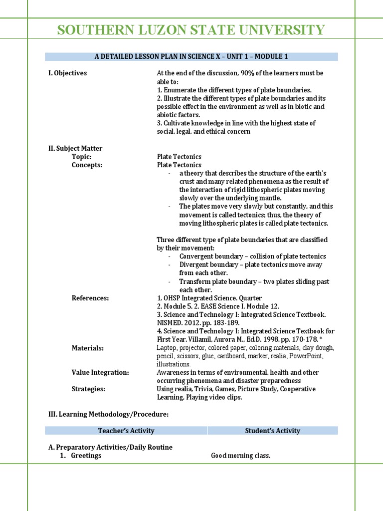 3 - A Detailed Lesson Plan in Science X | PDF | Plate Tectonics | Earth ...