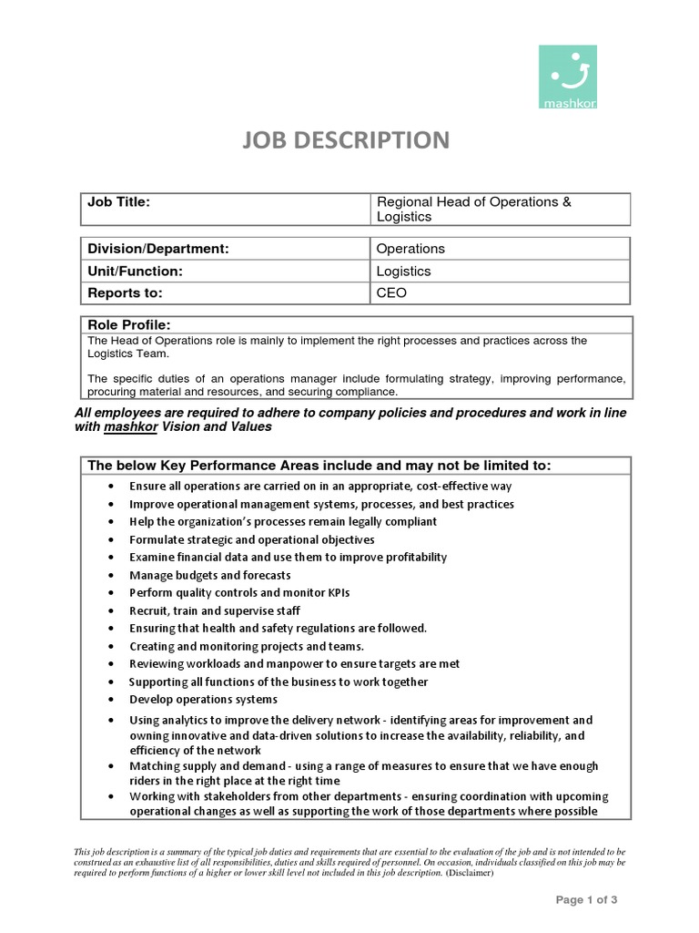 Regional Head of Operations Job Description | PDF | Logistics | Experience