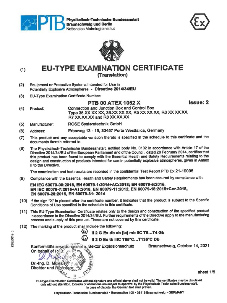 PTB 00 ATEX 1052 X English | PDF