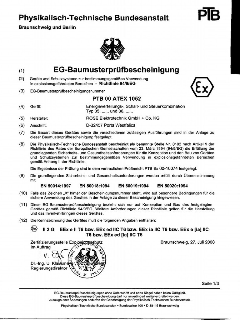 PTB 00 Atex 1052 | PDF