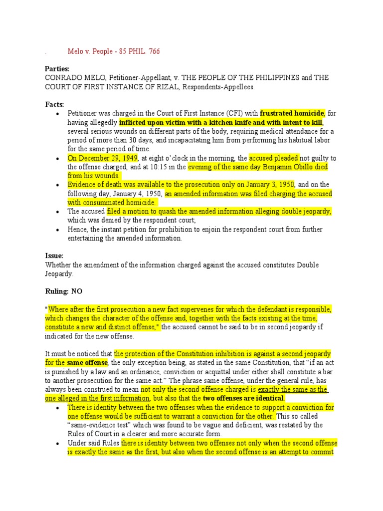 Melo Versus People - 85 PHIL. 766 | PDF | Crimes | Crime & Violence