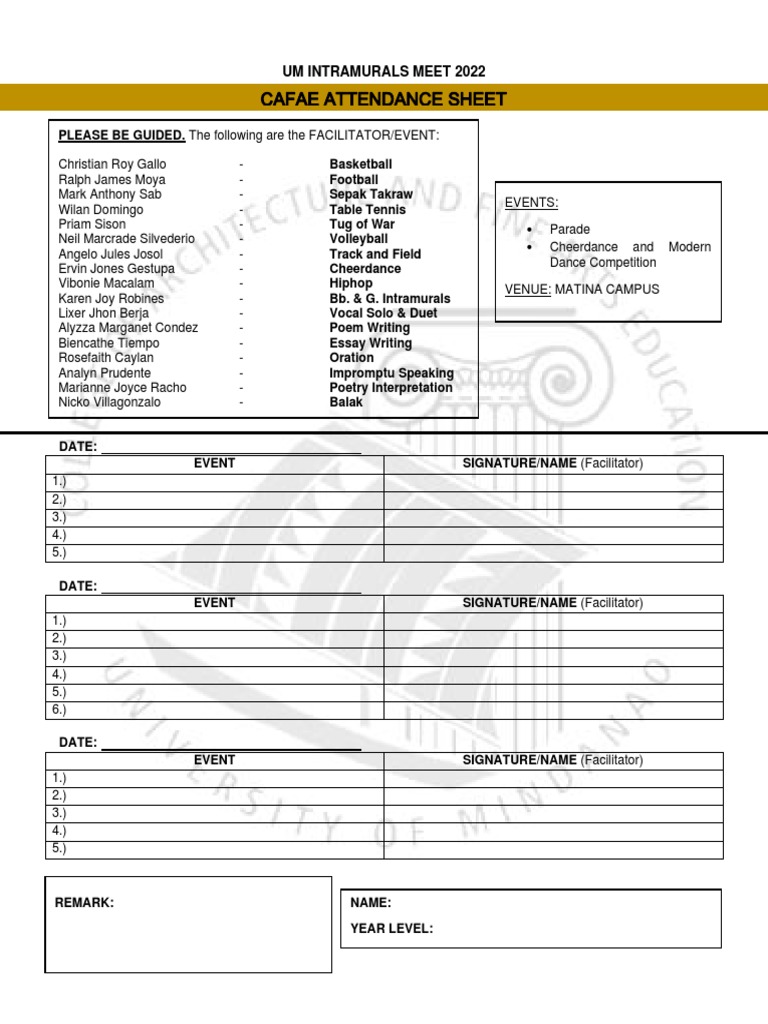 INTRAMS CAFAE Attendance Sheet | PDF