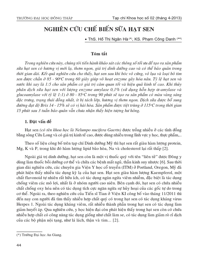 Nghiên Cứu Chế Biến Sữa Hạt Sen | PDF