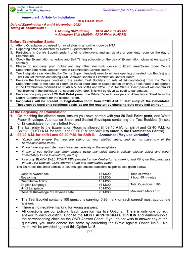A Note For Invigilators | PDF | Multiple Choice