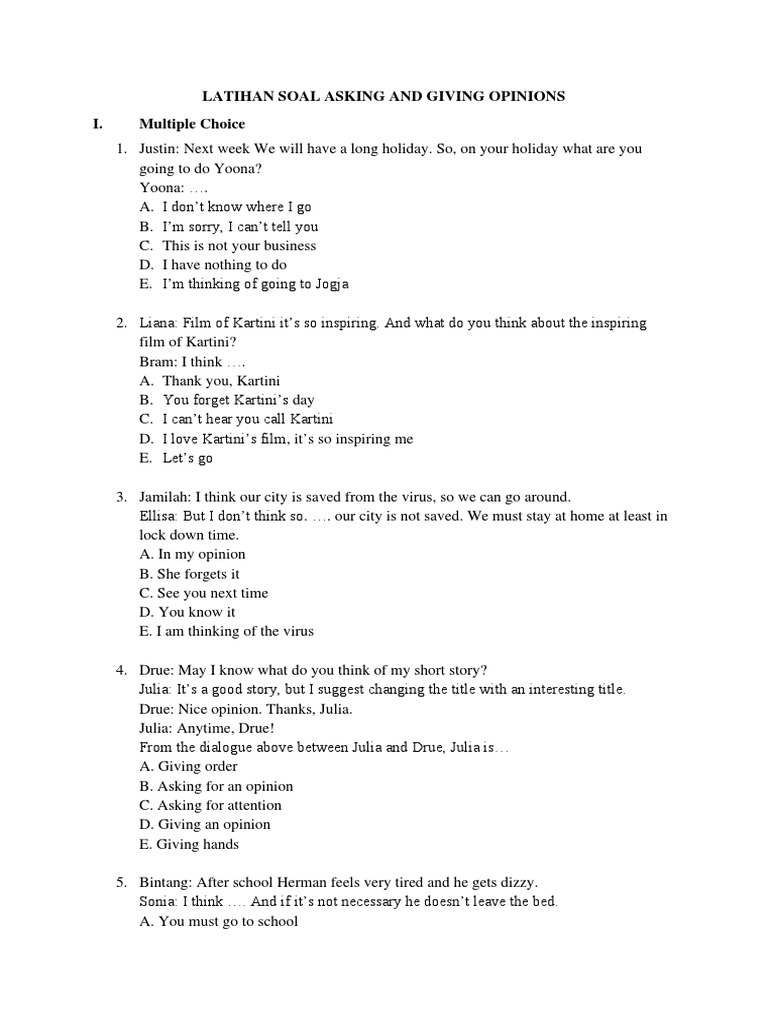 Latihan Soal Asking and Giving Opinions | PDF | Self-Improvement