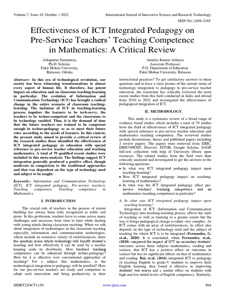 Effectiveness of ICT Integrated Pedagogy On Pre-Service Teachers ...