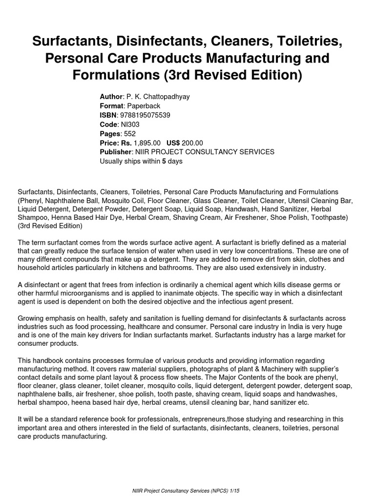 Niir Surfactants Disinfectants Cleaners Toiletries Personal Care ...