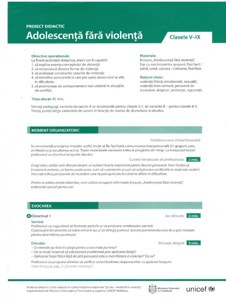 Proiect Didactic Scoala Fara Violenta 5-9 | PDF