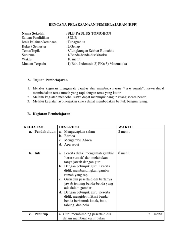 RPP Tunagrahita Kls 2 Tema 8 SLB Paulus Tomohon | PDF