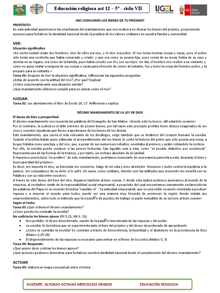 ¡NO CODICIARÁS LOS BIENES DE TU PRÓJIMO! para Estudiantes 5º | PDF