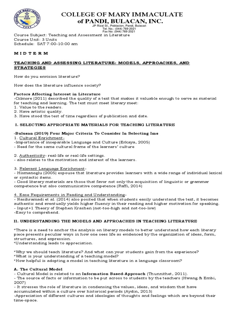 Models and Approaches in Teaching Literature | PDF | Learning ...