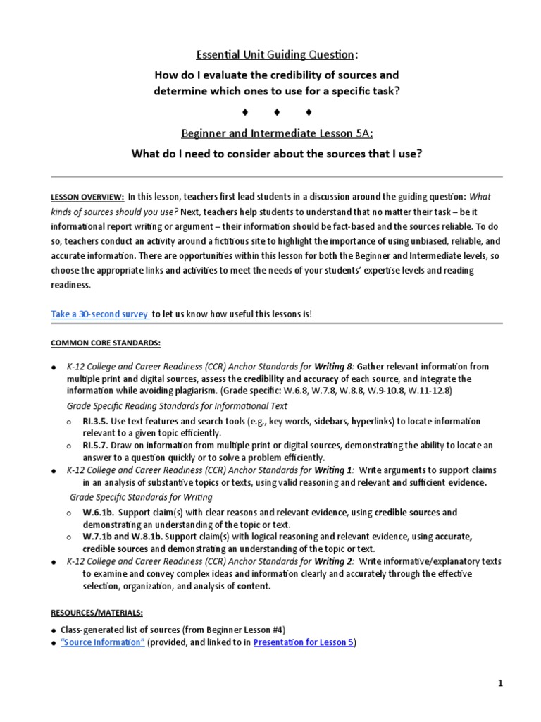 Beginner & Intermediate 5 - Evaluating Credibility of Sources | PDF ...