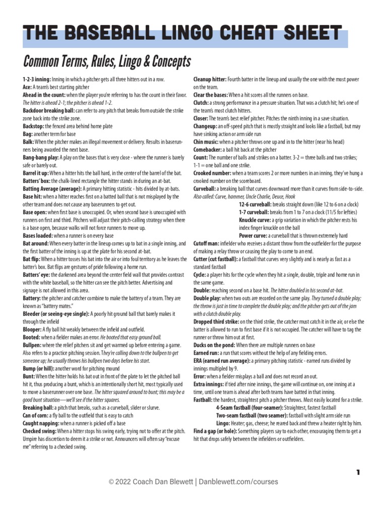 Baseball Basics Cheat Sheet | PDF | Pitcher | Baseball Field