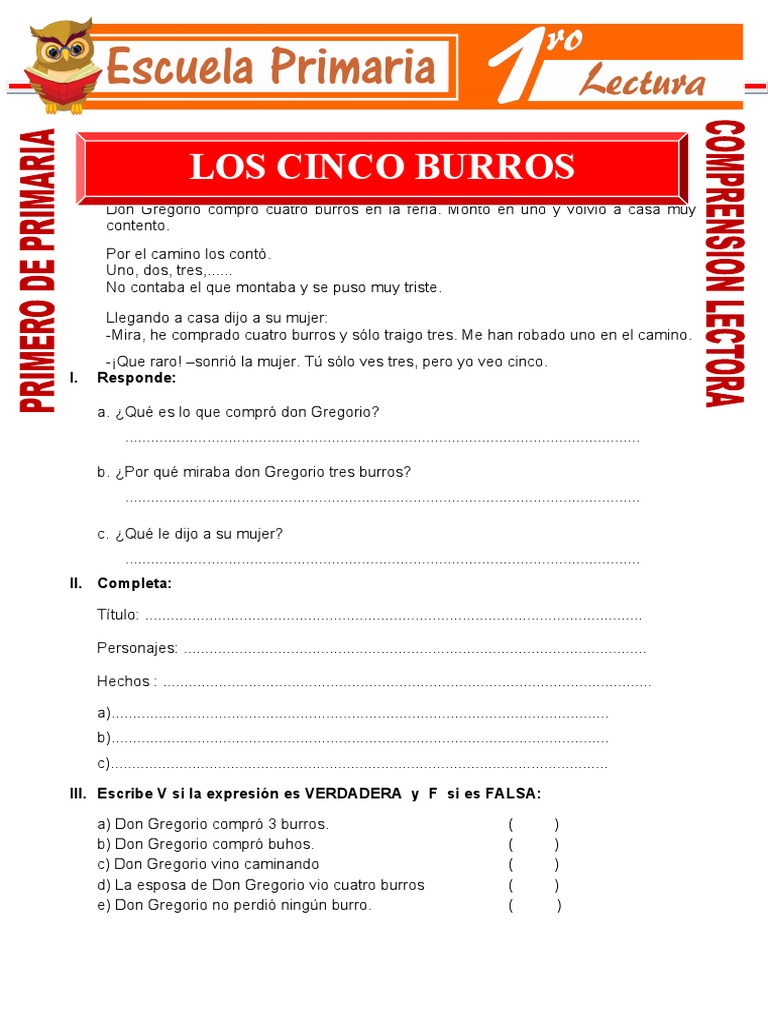 Los Cinco Burros para Primero de Primaria | PDF