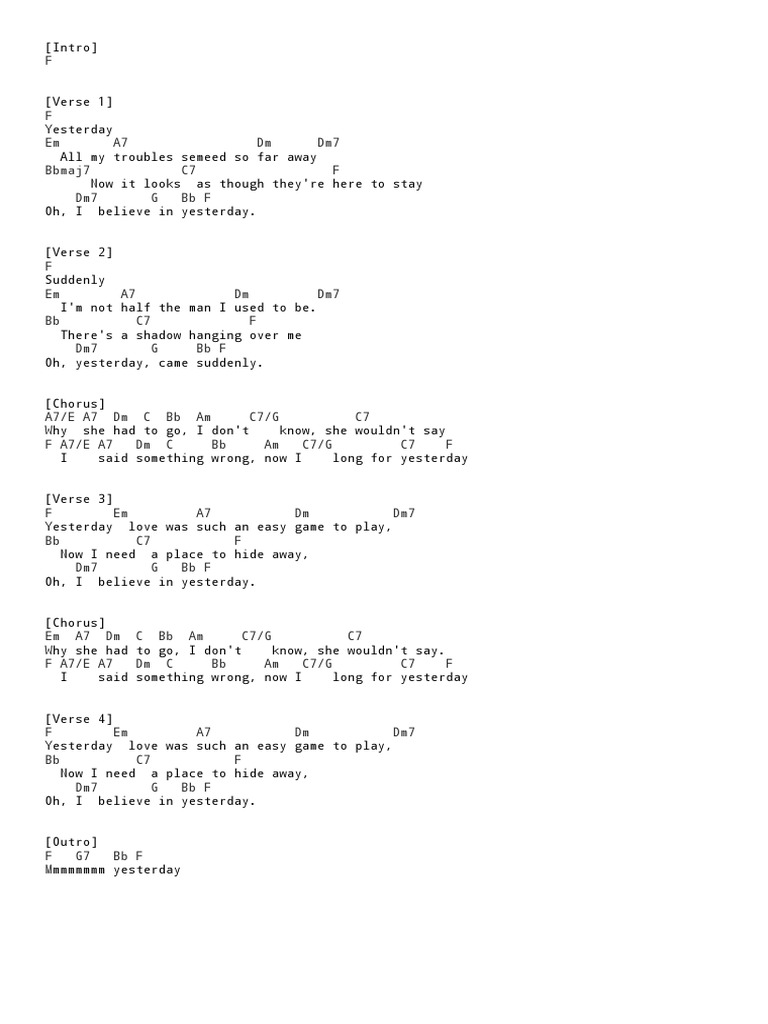 "Yesterday Lyrics and Chords" | PDF