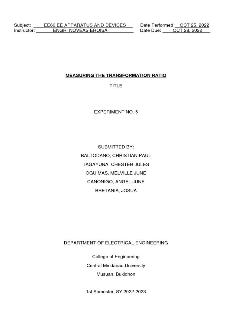 Ee66 Laboratory 5 | PDF | Transformer | Voltage