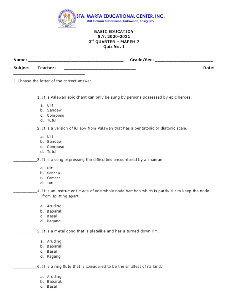 3rd Quarter MAPEH 7 QUIZ 1 | PDF