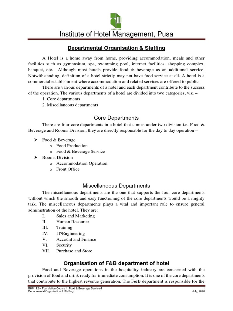 Departmental Organisation & Staffing | PDF | Bar (Establishment) | Waiting Staff
