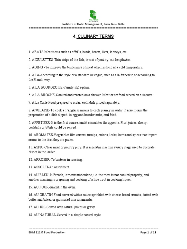 FP Unit 4 Culinary Terms | PDF | Lamb And Mutton | Custard