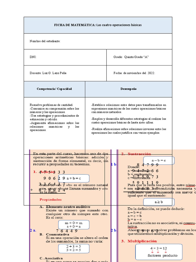 Ficha de Matematica Las Cuatro Operaciones Basicas | PDF | Aritmética ...