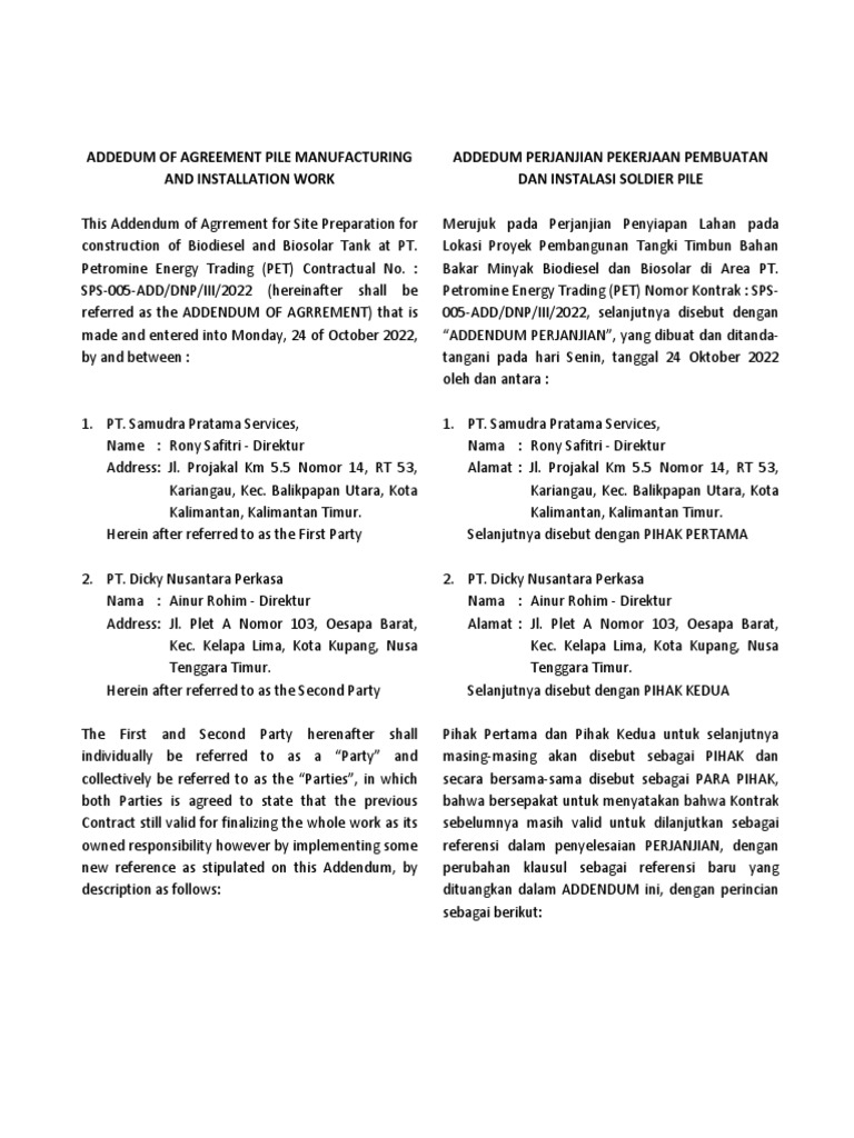 Addendum Perjanjian Pekerjaan Pile | PDF