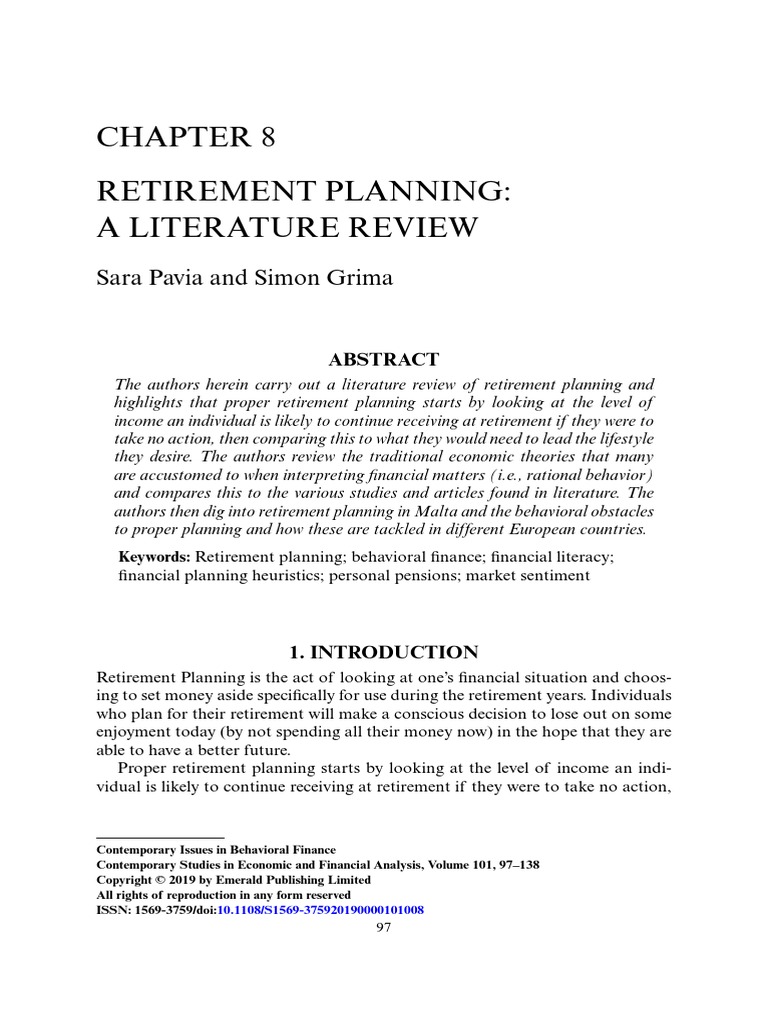 Retirement Planning: A Literature Review: Sara Pavia and Simon Grima ...