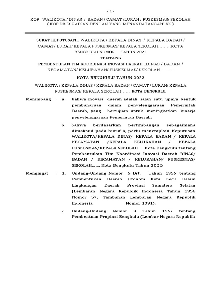 Contoh SK Tim Koordinasi Inovasi Opd Ok | PDF