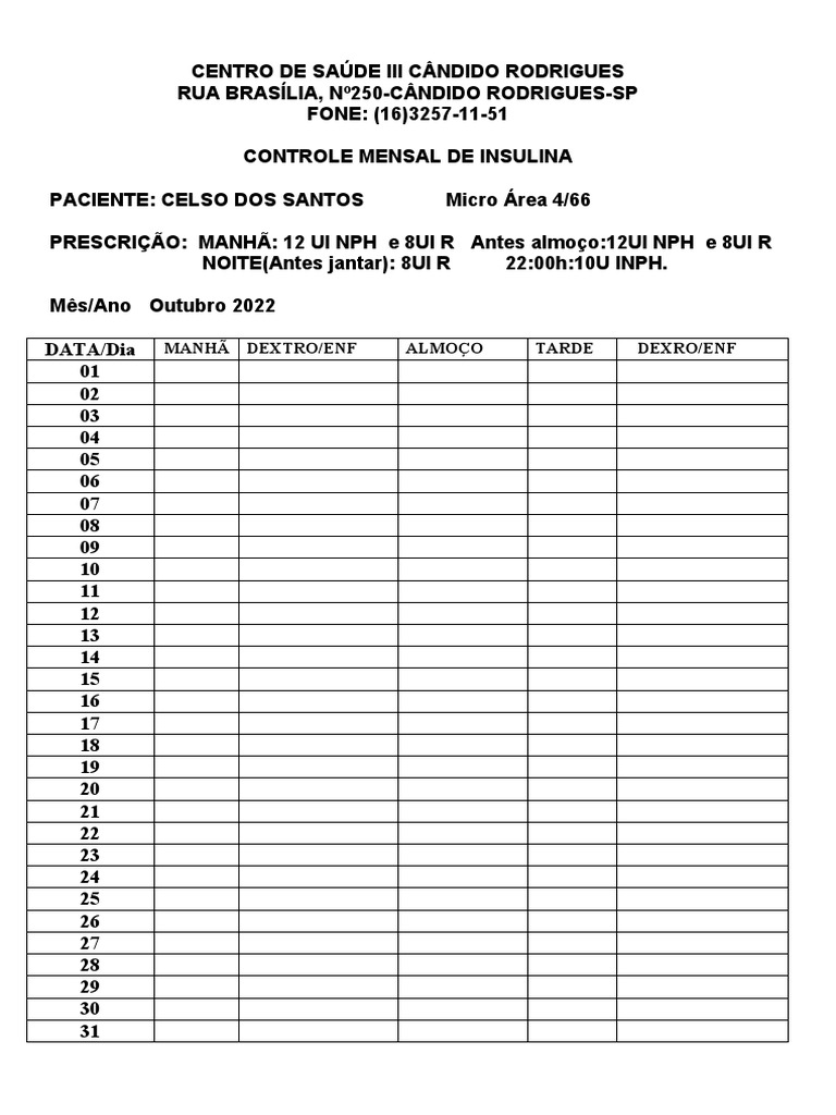 Registros mensais de dosagem e monitoramento de insulina de pacientes ...