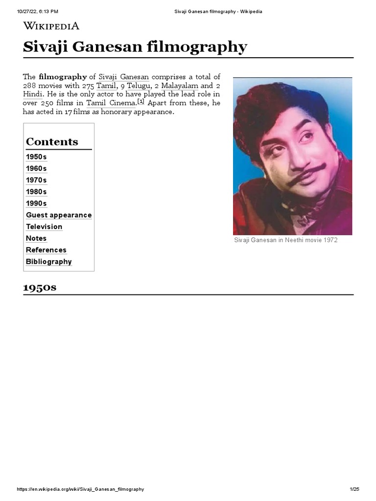 Sivaji Ganesan Filmography - Wikipedia | PDF | Cinema Of India | Tamil Cinema