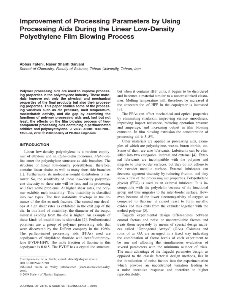 Optimization of Linear Low-Density Polyethylene Film Blowing Process Parameters Through the Use ...