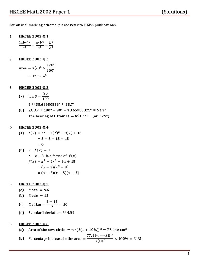 13 Hkcee Math 2002 Paper 1 Solution Only | PDF