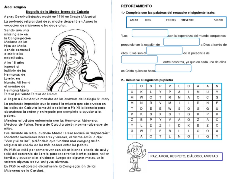 03 de Noviembre FICHA DE RELIGIÓN | PDF | Madre Teresa