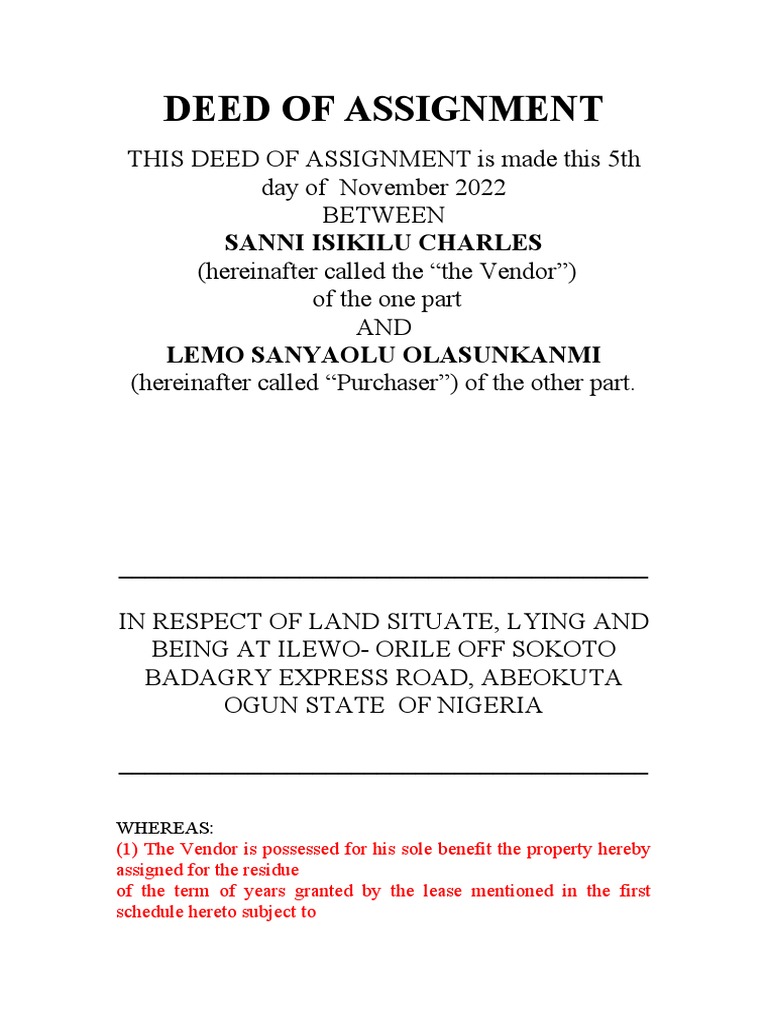 Deed of Assignment | PDF | Lease | Assignment (Law)