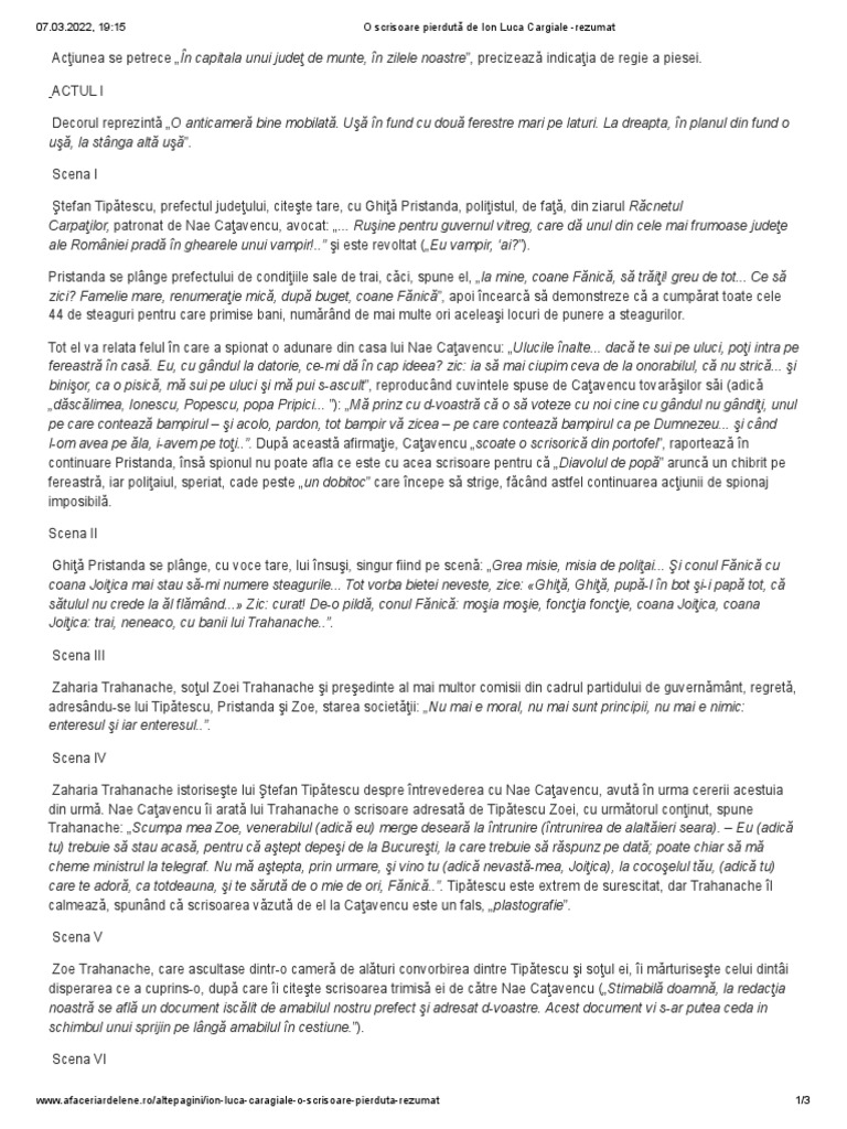 O Scrisoare Pierdută de Ion Luca Cargiale - Rezumat | PDF