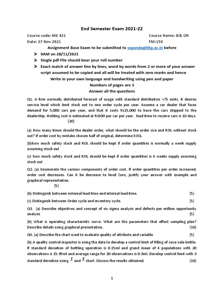 ME431 End Sem 2021-22 | PDF | Standard Deviation | Statistics