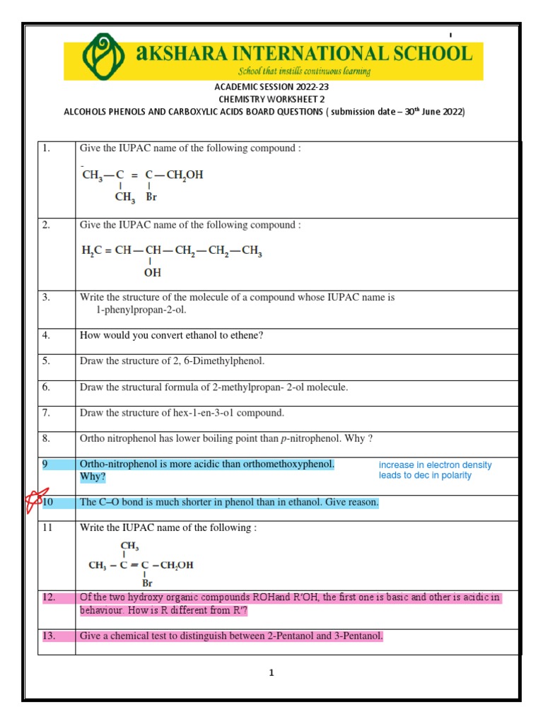 Chemistry Worksheet on Alcohols, Phenols and Carboxylic Acids | PDF ...