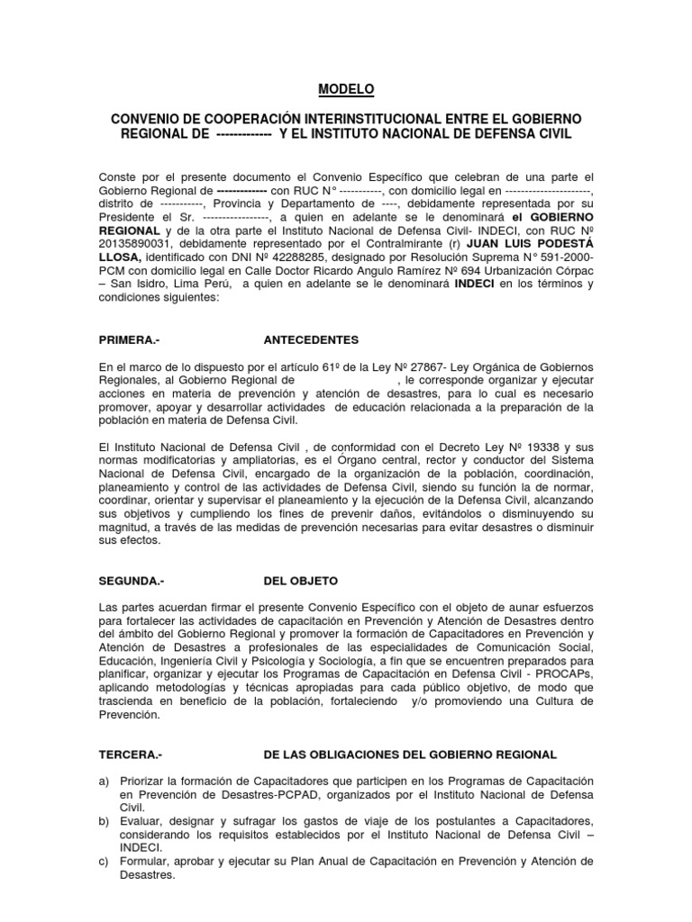 modelo de convenio | Defensa Civil | Planificación