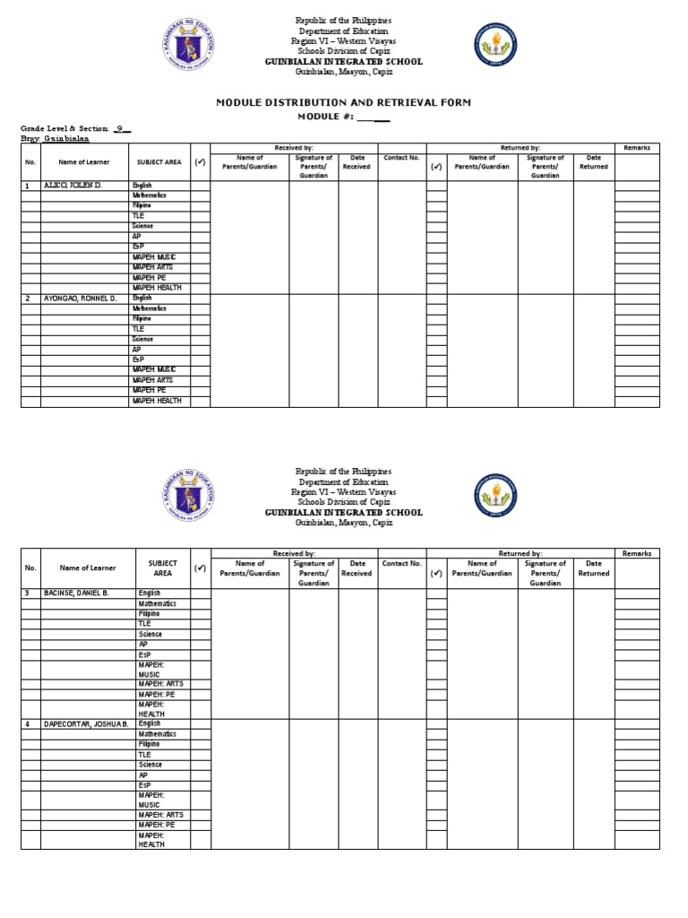 Module Distribution and Retrieval Form | PDF | Philippines | Science