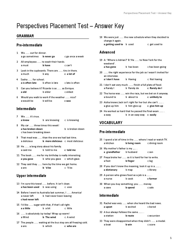 Perspectives Placement Test Answer Key - 0 | PDF | Communication ...
