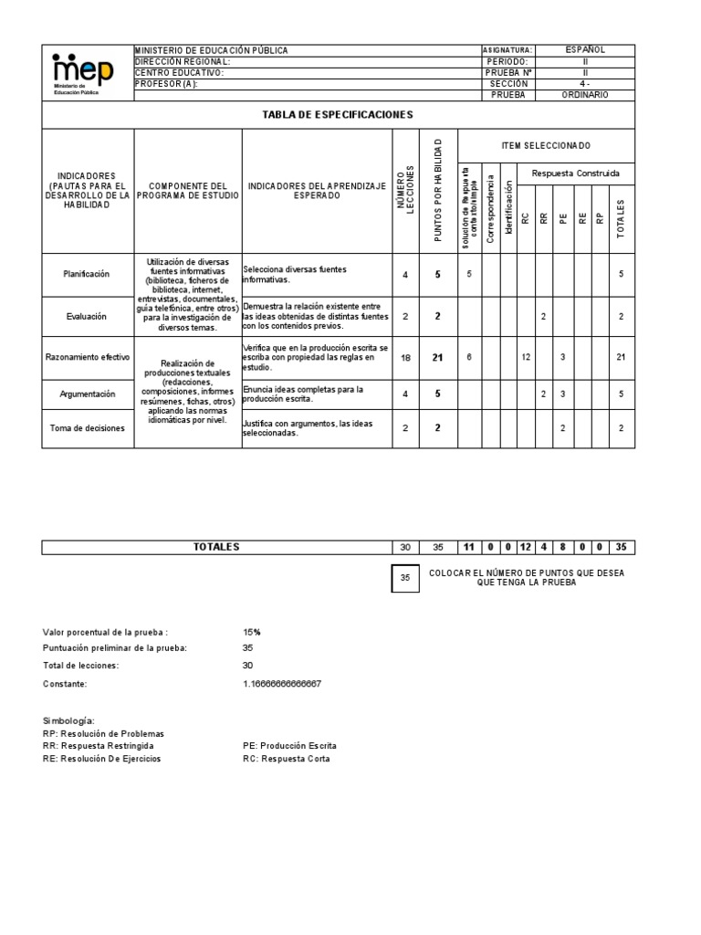 4° Tabla de Especificaciones - Español | PDF | Cognición | Ciencia cognitiva