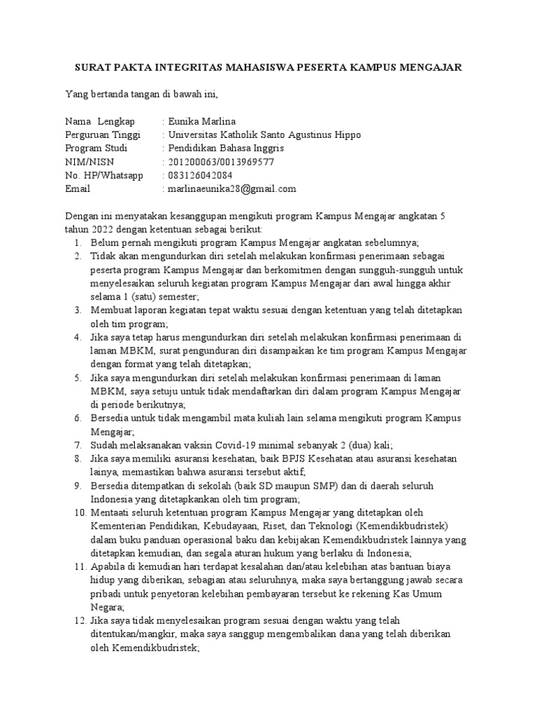 Surat Pakta Integritas Mahasiswa KM5 | PDF