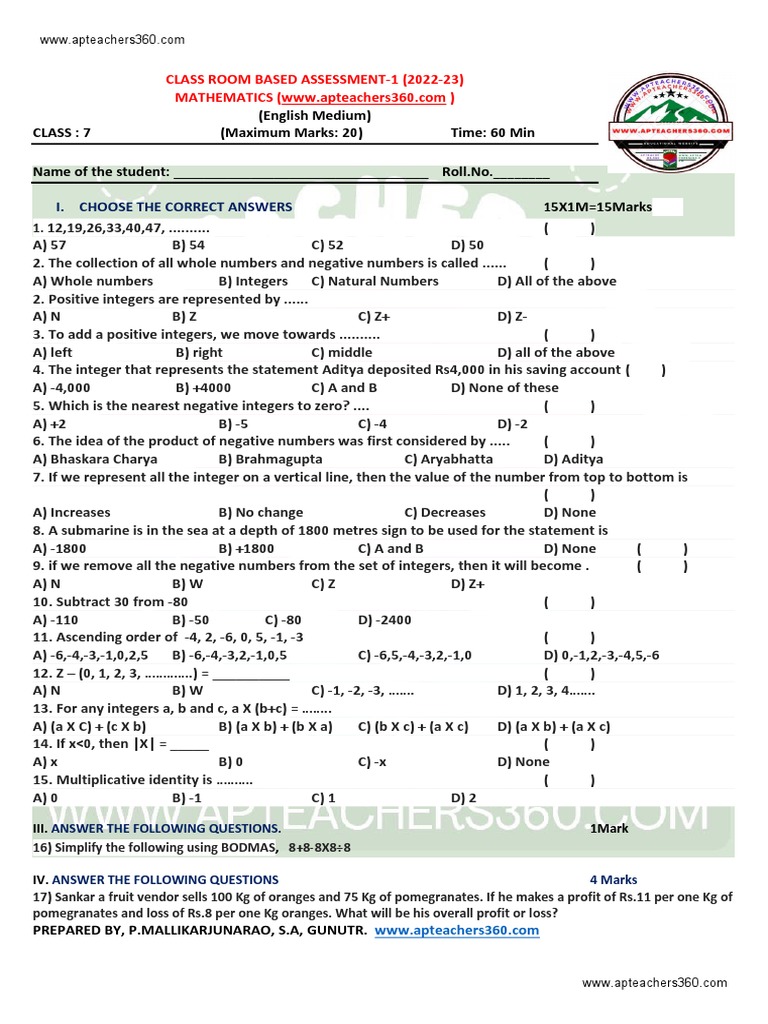 7TH Maths F.a-1 | PDF | Integer | Mathematical Notation