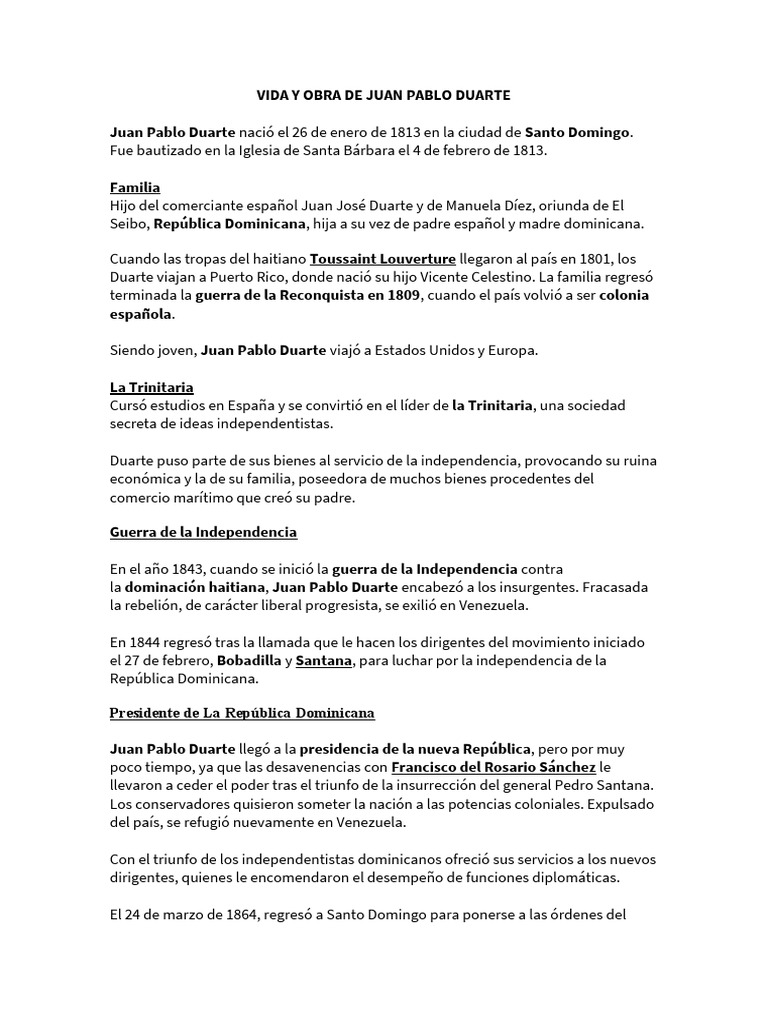 Vida y Obra de Juan Pablo Duarte | PDF