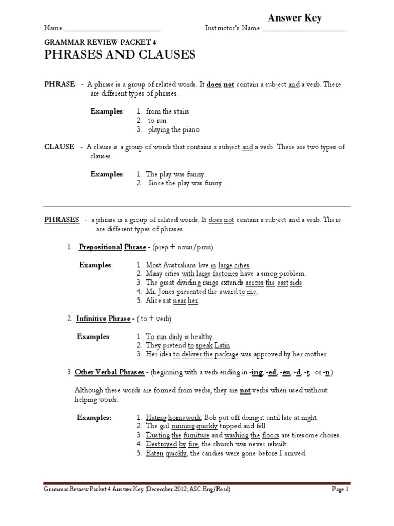 Grammar Review Packet 4 Phrases and Clauses Answer Key | PDF | Clause | Verb