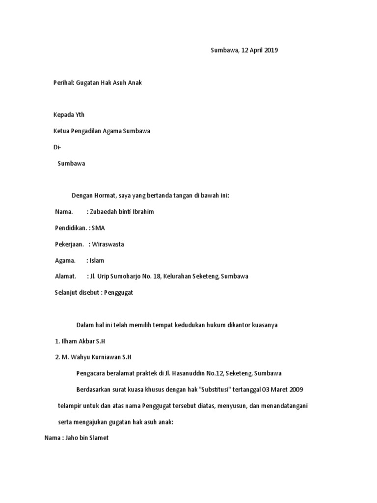 Surat Gugatan Hak Asuh Anak | PDF Surat Gugatan Hak Asuh Anak | PDF
