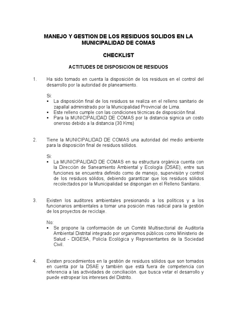 Manejo y Gestion de Los Residuos Solidos en La Municipalidad | PDF | Residuos | Vertedero