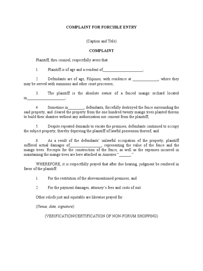 Complaint For Forcible Entry | PDF | Home & Garden